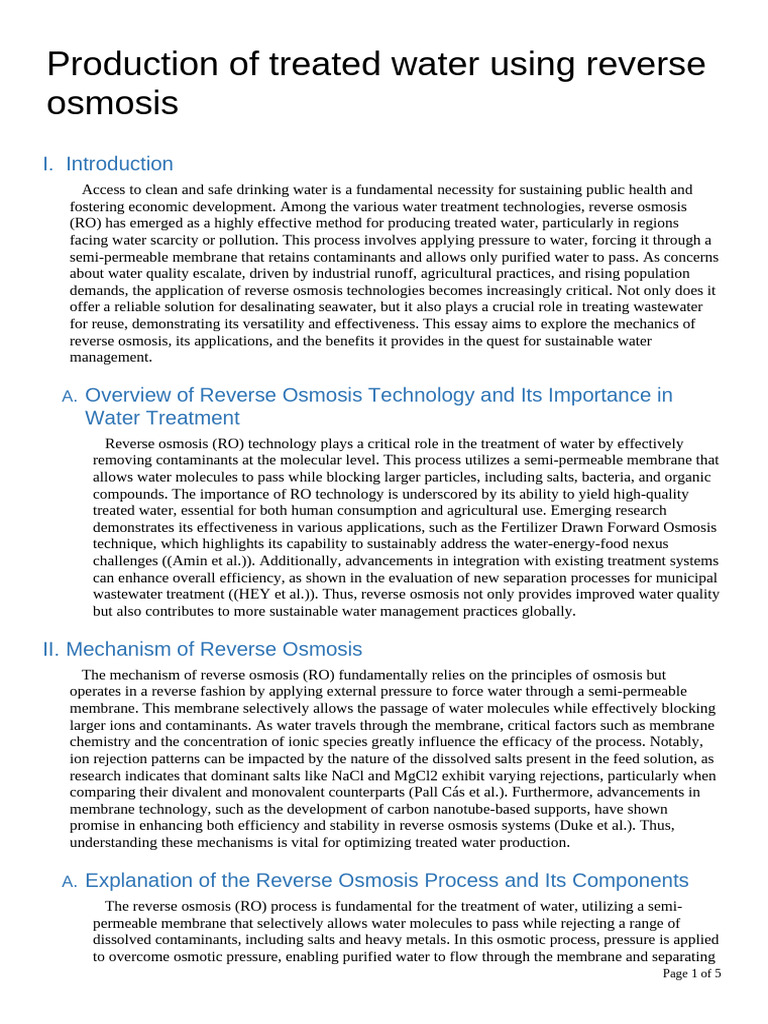 Production of Treated Water Using Reverse Osmosis | PDF | Osmosis | Membrane
