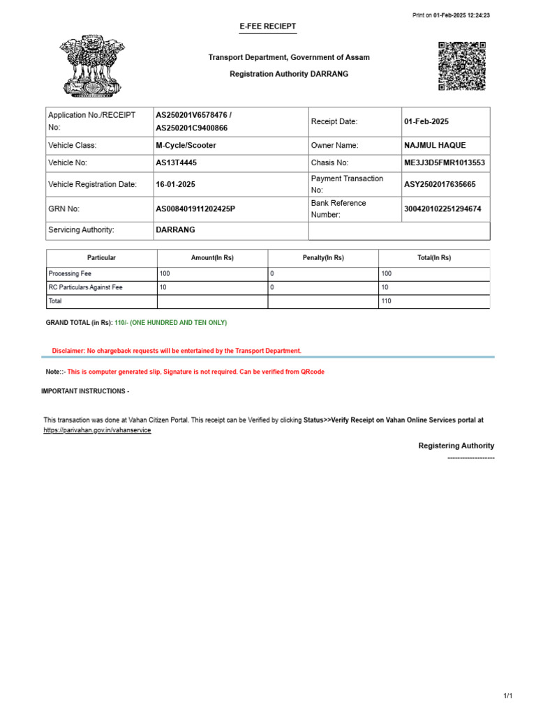VAHAN 4.0 (Citizen Services) - Onlineapp02 - 150 - 8001 | PDF | Receipt ...
