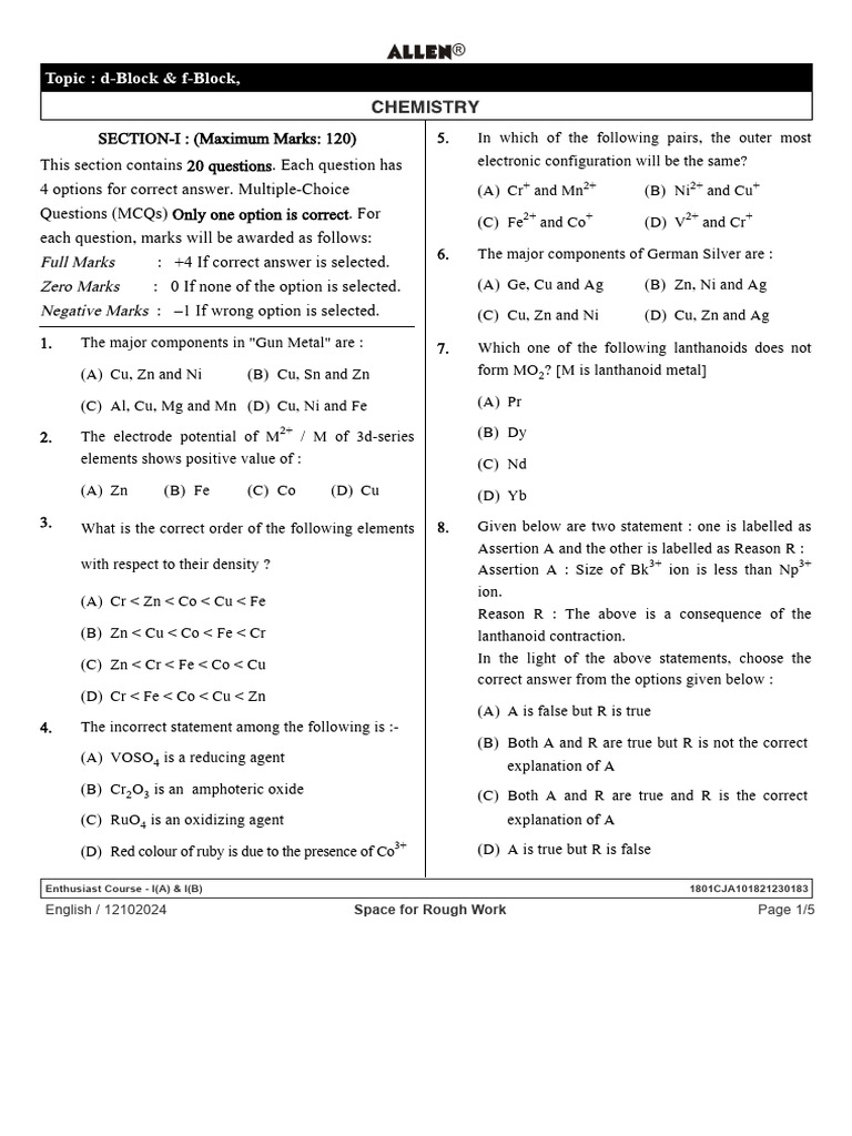 Full Marks Zero Marks Negative Marks: Chemistry | PDF | Lanthanide ...