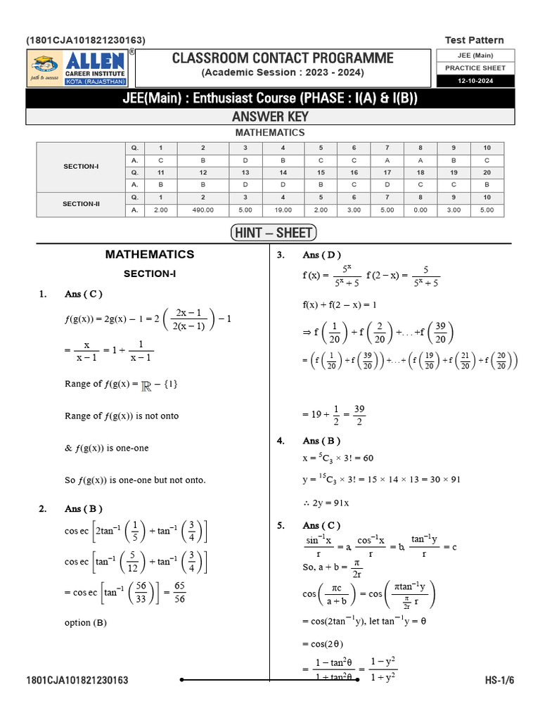 Classroom Contact Programme JEE (Main) : Enthusiast Course (PHASE: I (A) & I (B) ) | PDF