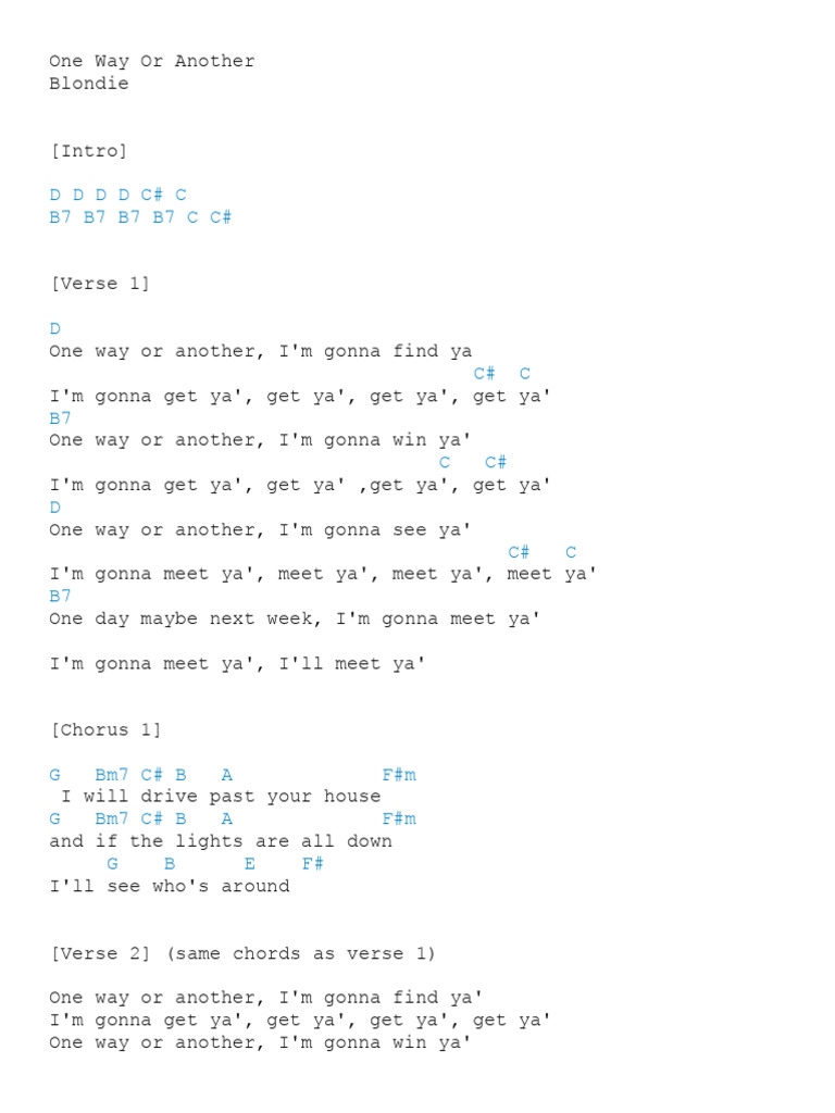 "One Way Or Another - Blondie Lyrics" | PDF | Song Structure | Song ...