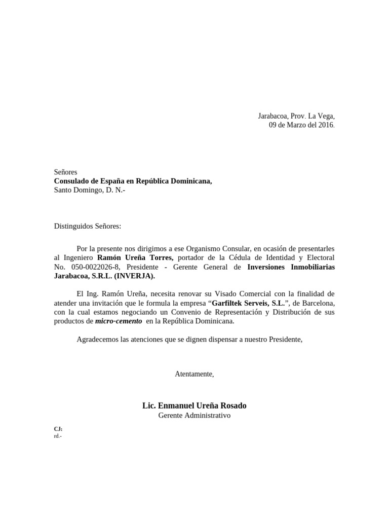 Com. de Lic. Enmanuel Ureña Rosado A Consulado de España, Presentando ...