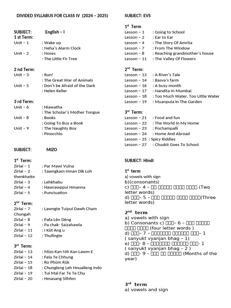 Divided Syllabus For Class Iv | PDF | Noun | Verb