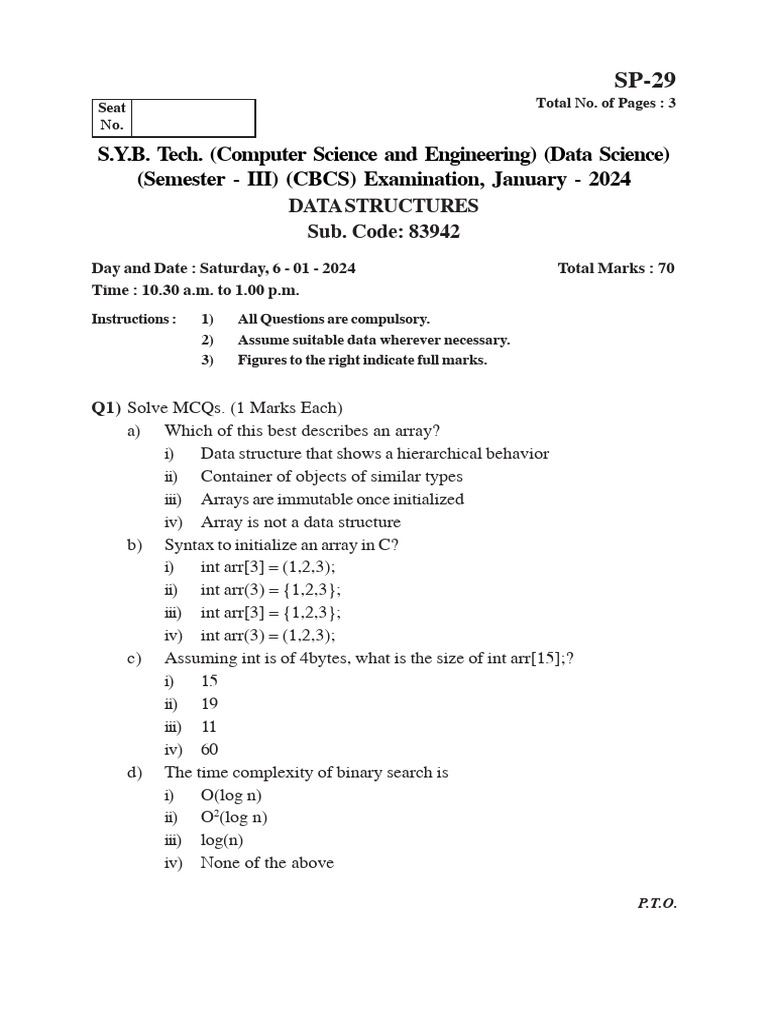 Data Structures MCQs and Exam Questions | PDF | Theoretical Computer Science | Algorithms And ...