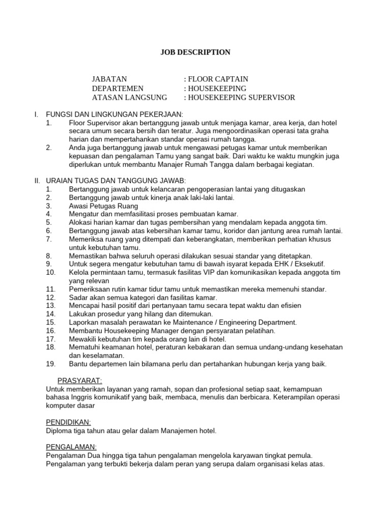 Job Description - Floor Captain | PDF