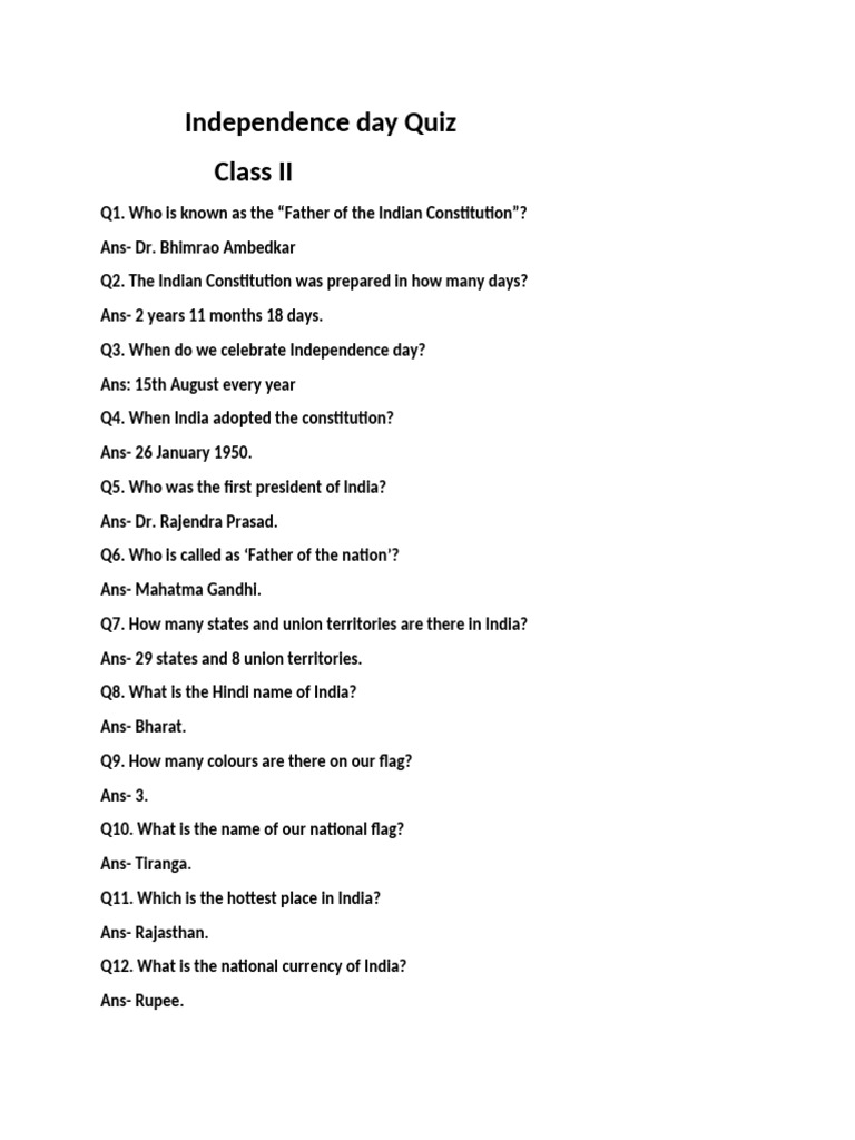 Independence Day Quiz | PDF