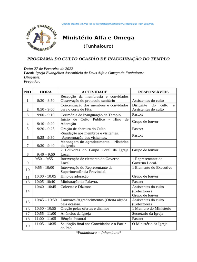 Programa_do_culto_de_Inauguração_do_Templo_em_Funhalouro | PDF ...