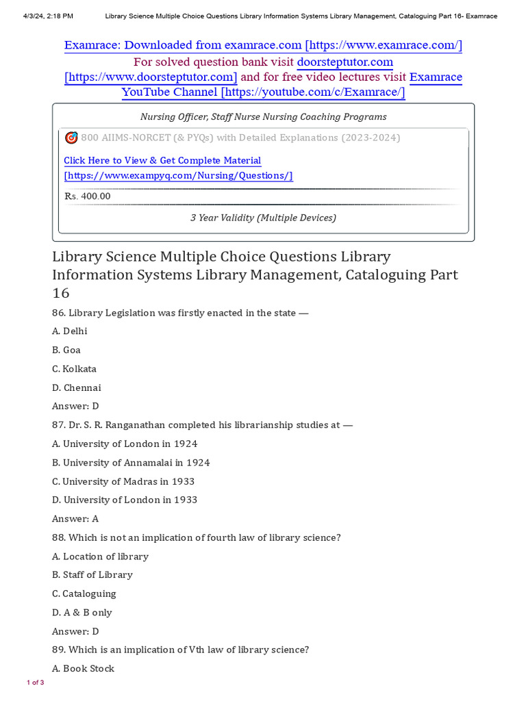 Library Science Mcqs Part 16 Pdf Libraries Information Science