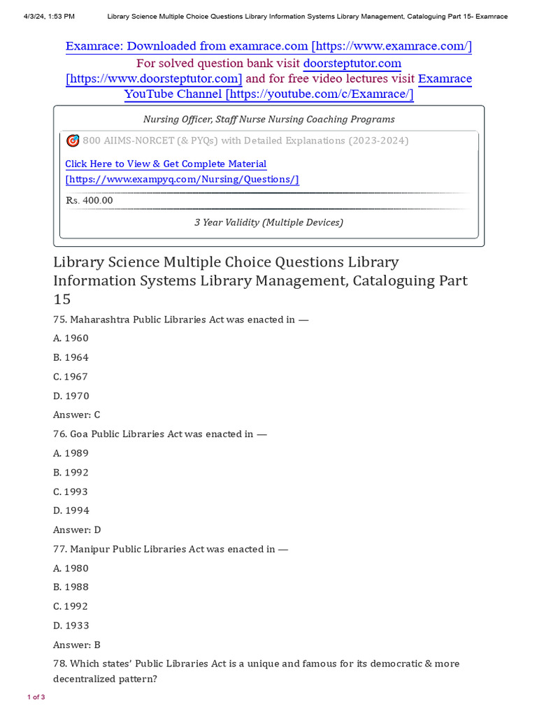 Library Science MCQs: Management & Systems | PDF