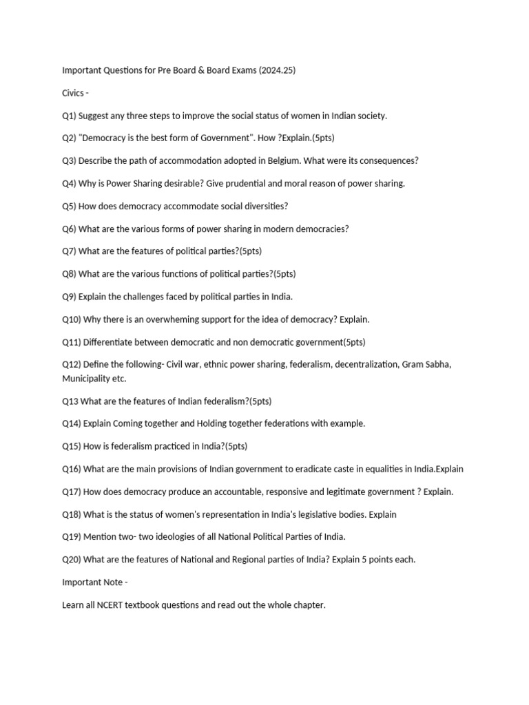 Key Civics Questions for 2024 Exams | PDF
