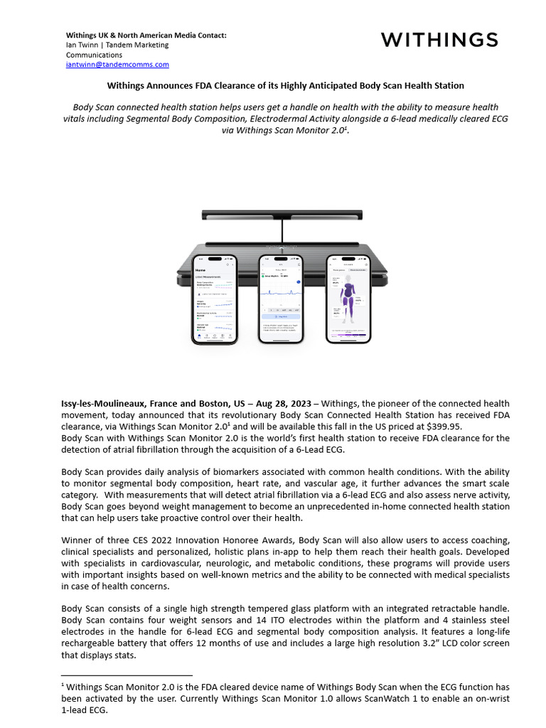 Withings Body Scan Us FDA Clearance 082423 | PDF | Medical Specialties ...