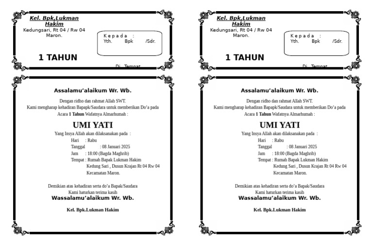 Undangan Do'a 1 Tahun Umi Yati | PDF