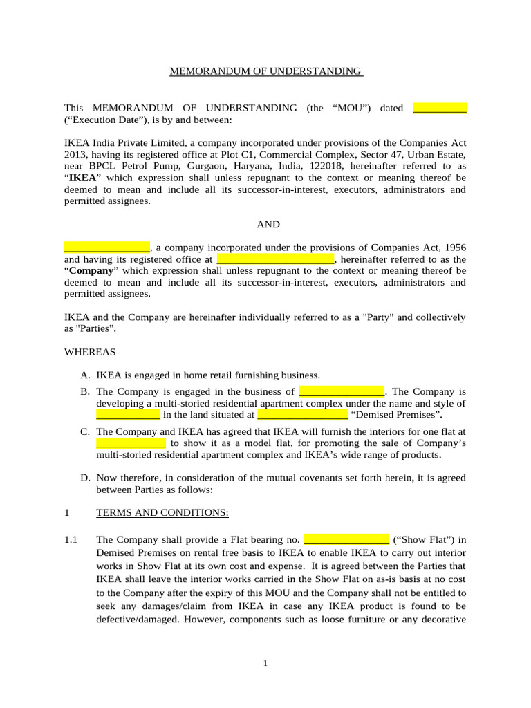 IKEA MOU for Interior Works Agreement | PDF | Arbitration | Trade Secret