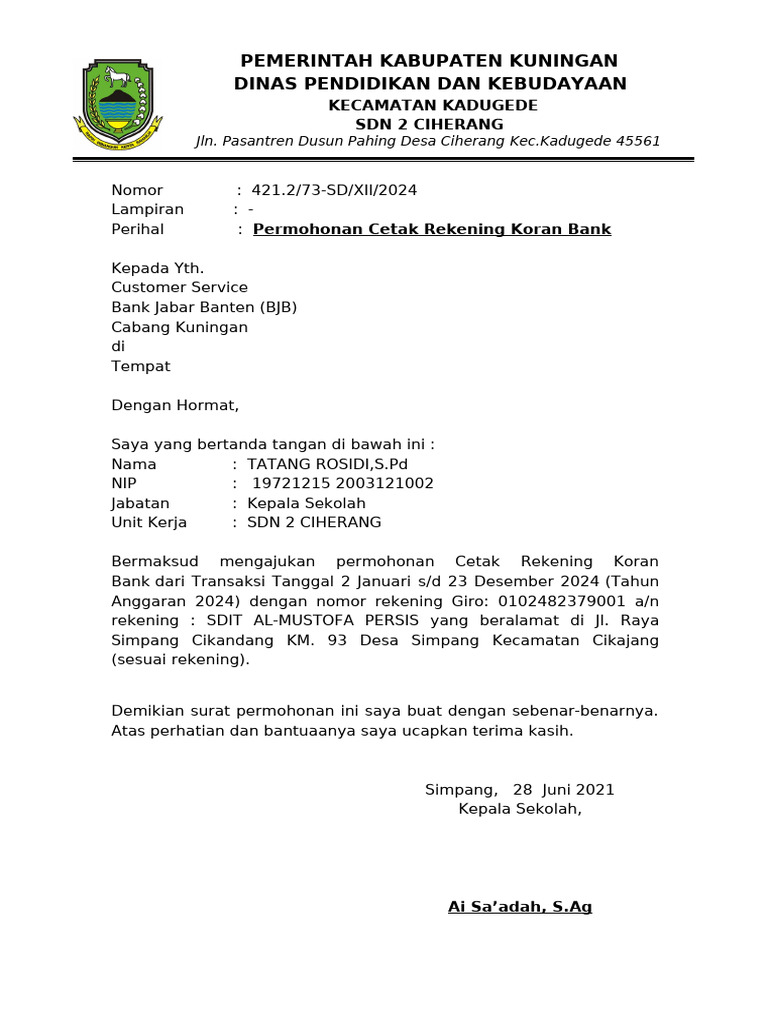 524083279-SURAT-PERMOHONAN-CETAK-REKENING-KORAN | PDF