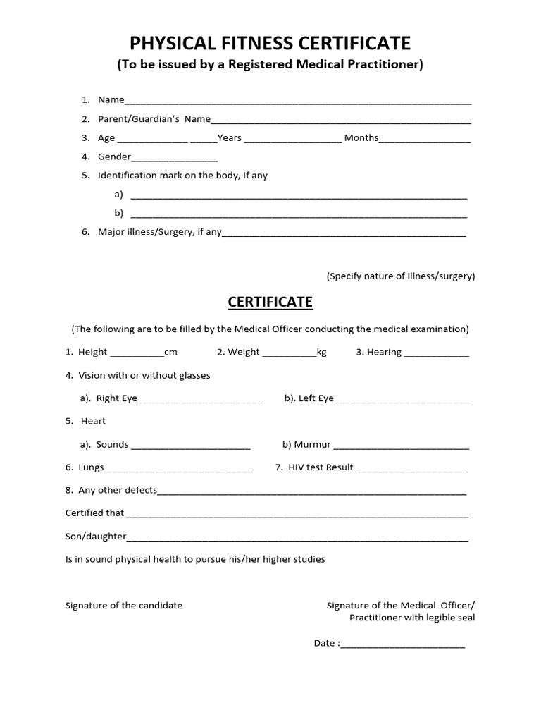 Physical Fitness Certificate Template | PDF