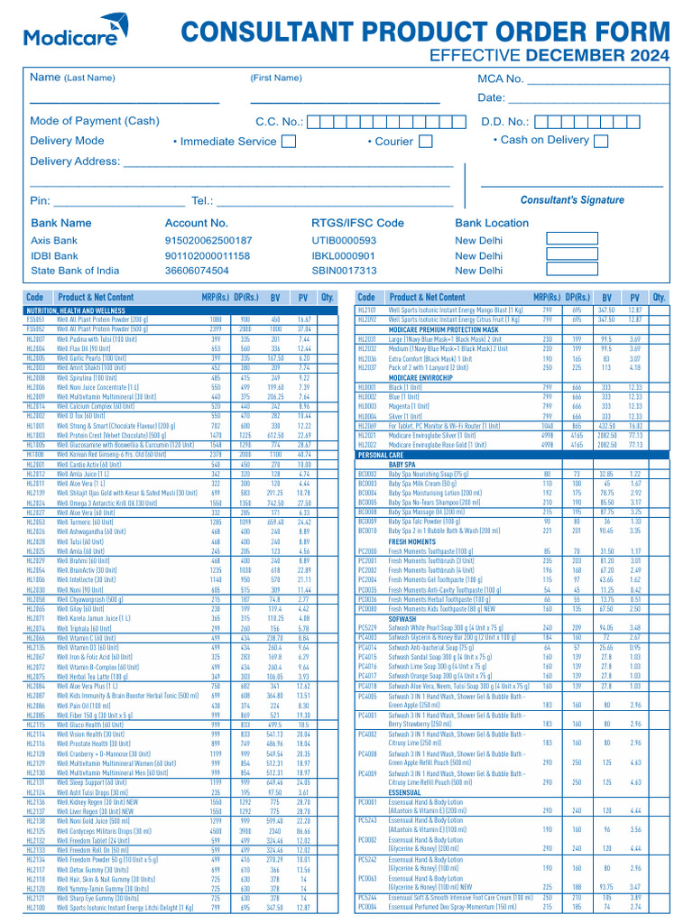 Consultant Product Order Form 2024 | PDF | Shampoo | Detergent