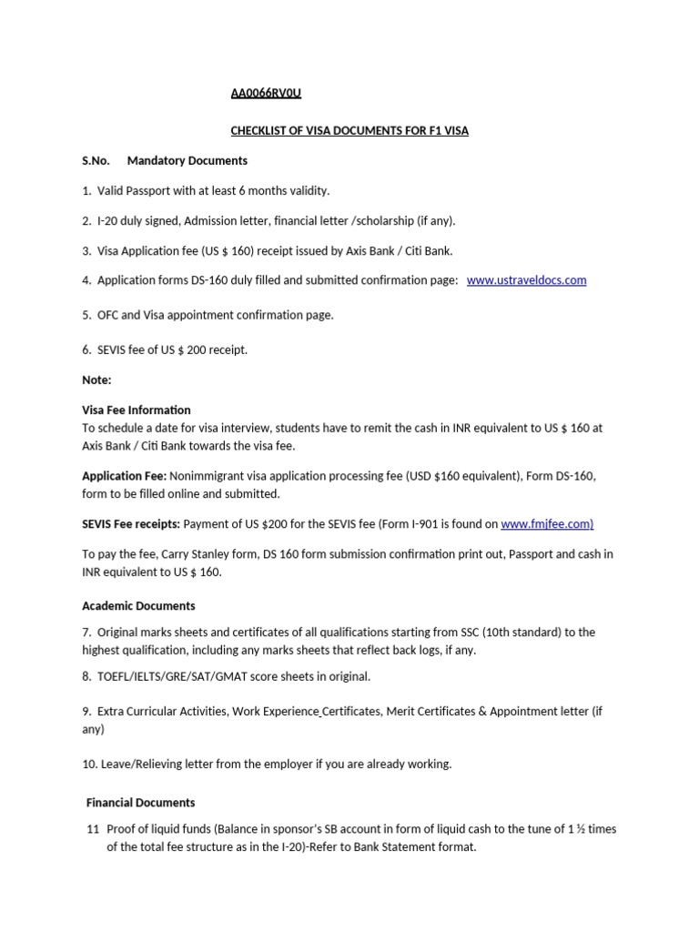Checklist of Us F1 Visa Docs | PDF | Banks | Travel Visa