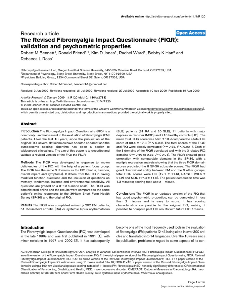 Bennett, Revised FIQ, 2009 | PDF | Fibromyalgia | Systemic Lupus ...