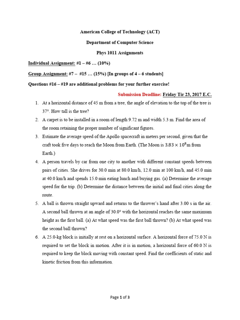 Physics Assignments for Students | PDF | Force | Velocity