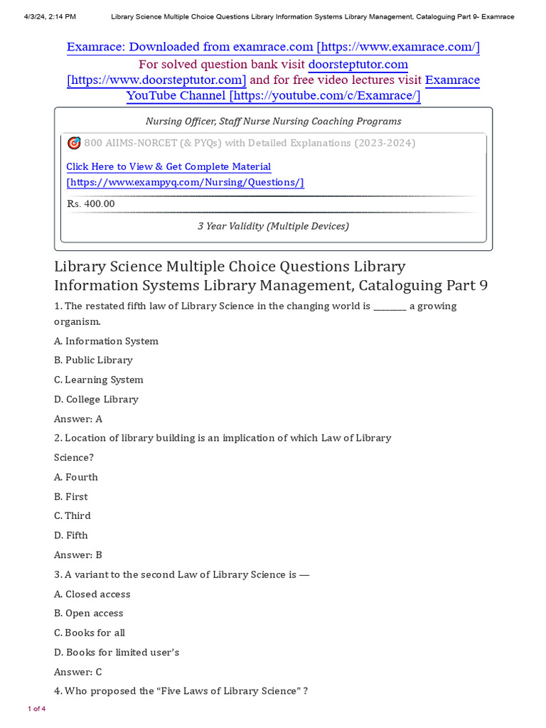 Library Science MCQs Part 9 | PDF | Libraries | Information Science