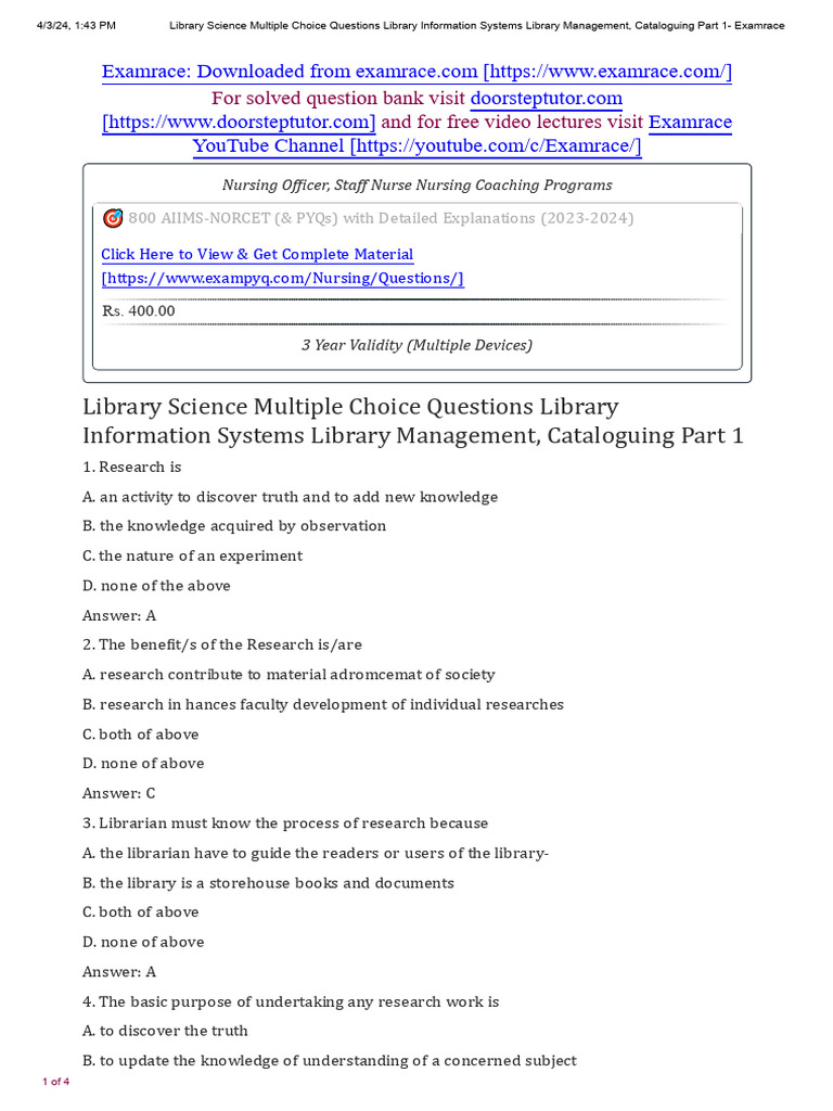 Library Science MCQs: Info Systems & Management | PDF | Libraries | Science