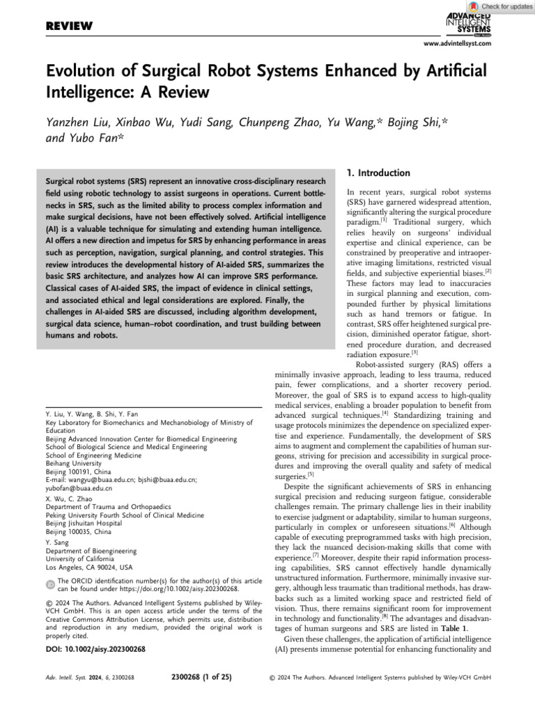 Advanced Intelligent Systems - 2024 - Liu - Evolution of Surgical Robot Systems Enhanced by ...