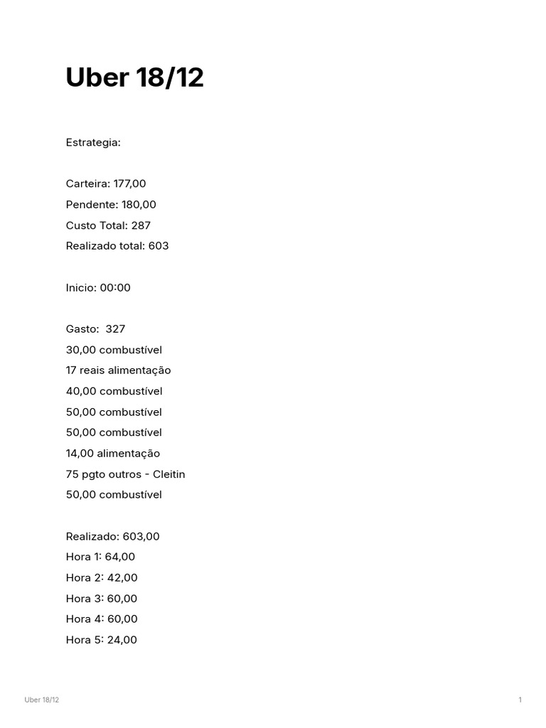 Relatório de Gastos e Lucros Uber 18/12 | PDF