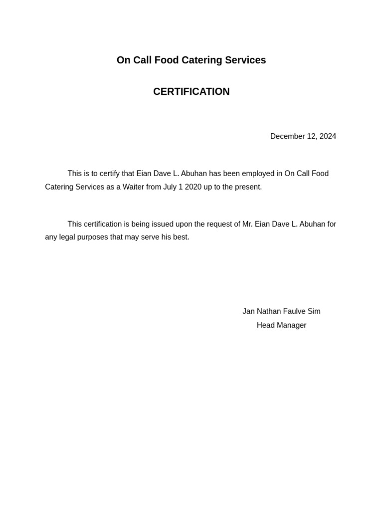 Waiter Employment Certification | PDF