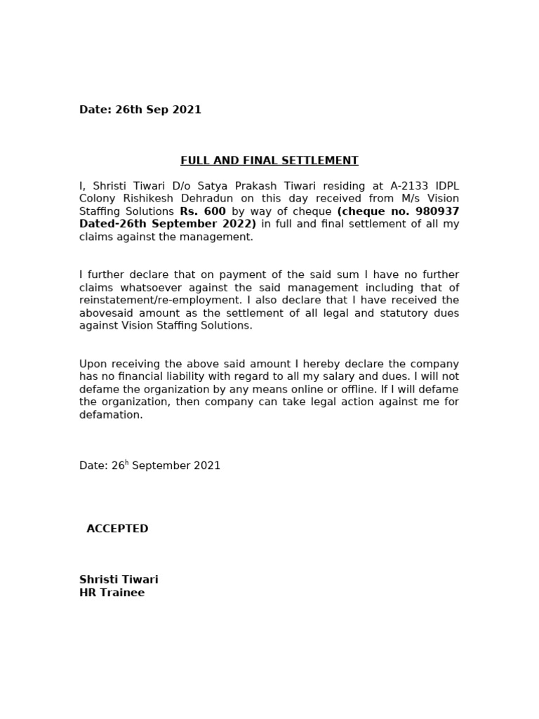 Full N Final Settlement Template | PDF