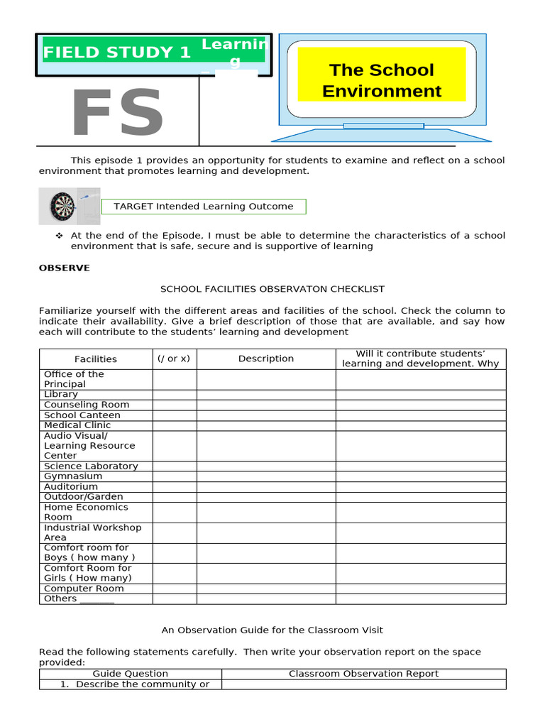 My Portfolio Field Study 1 | PDF | Classroom | Learning