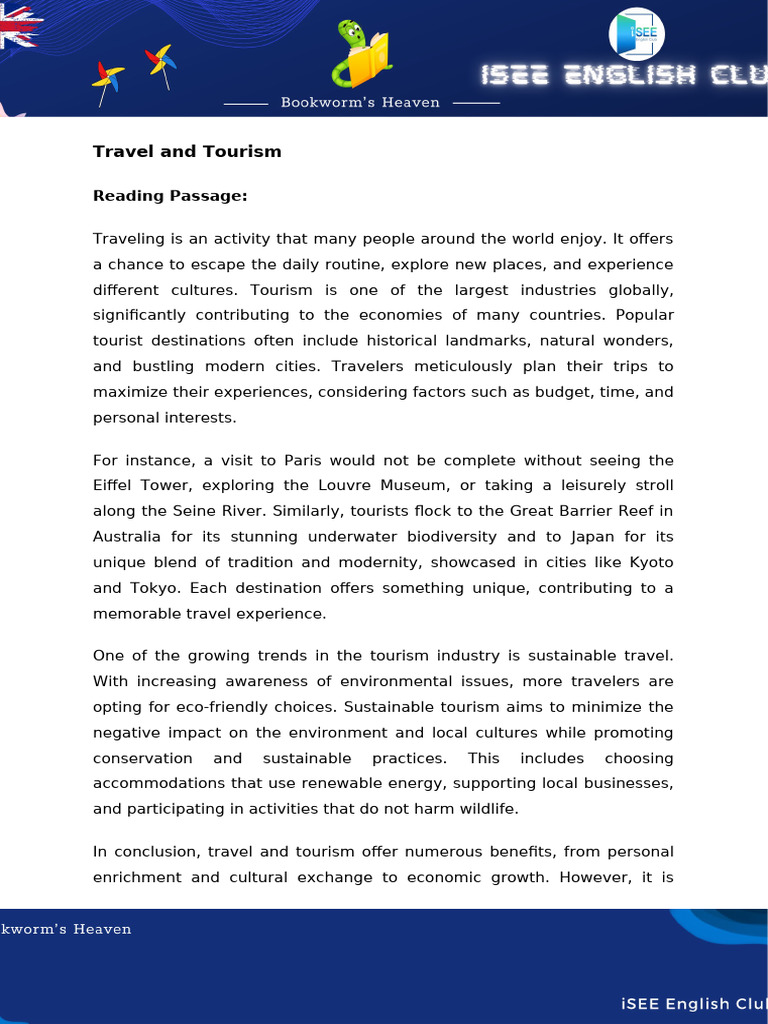 Bookworm's Heaven Topic 1 Travel and Tourism | PDF
