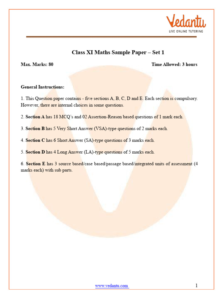 CBSE Class 11 Maths Sample Paper Set 1 (2024-25) FREE PDF | PDF ...