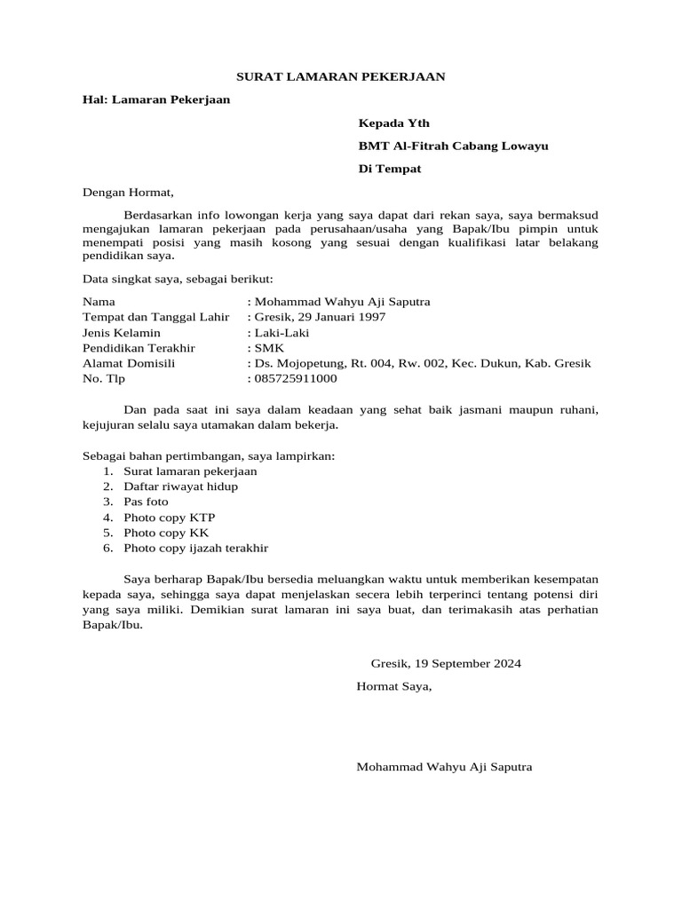 SURAT LAMARAN PEKERJAAN Wahyu Aji | PDF