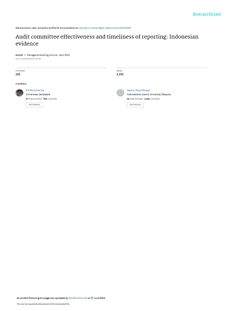 Audit Committee Effectiveness and Timeliness of Re | PDF | Internal Control | Audit