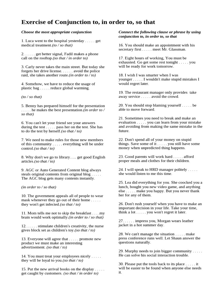Conjunction Exercises: To, In Order To, So That | PDF