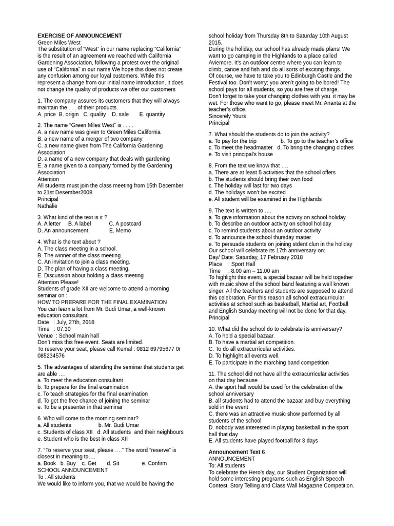 EXERCISE OF ANNOUNCEMENT | PDF