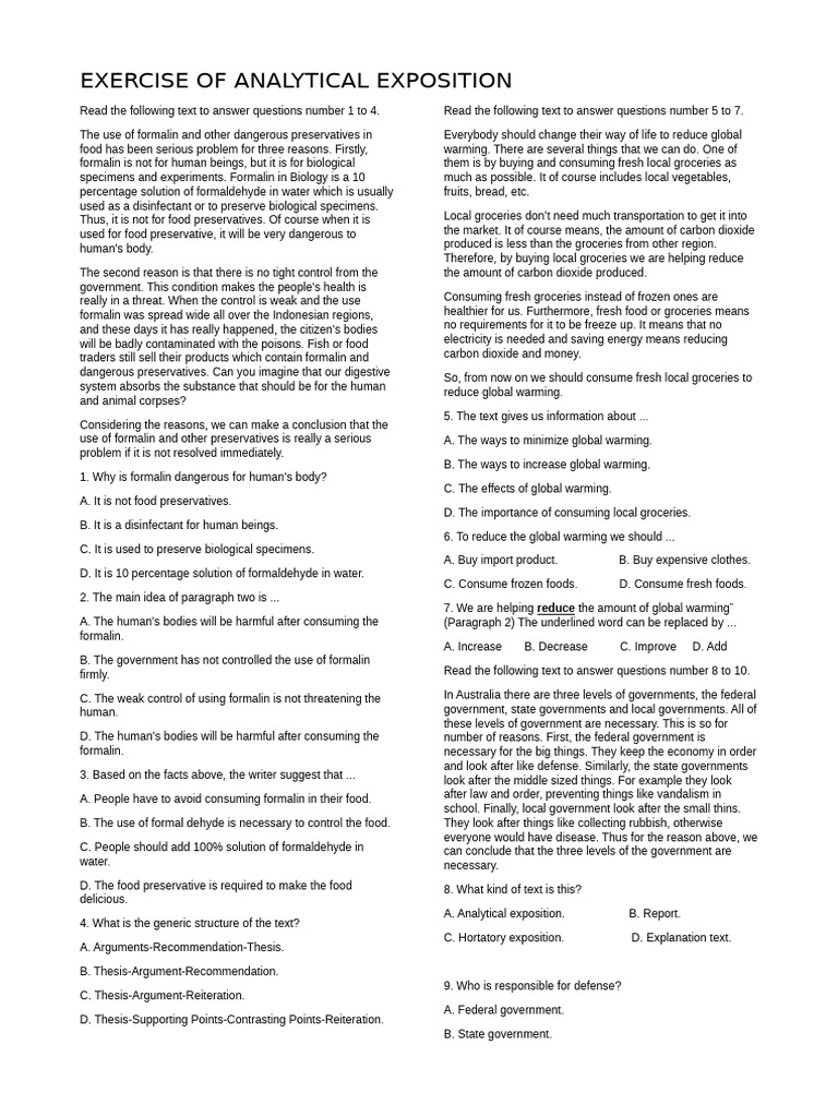 Exercise of Analytical Exposition | PDF | Formaldehyde | Climate Change