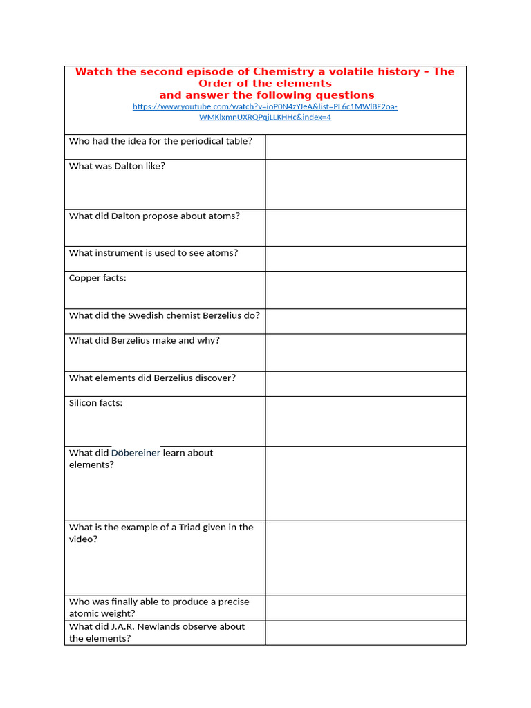 TalkFile- Worksheet episode 2 The Order of the elements .docx | PDF