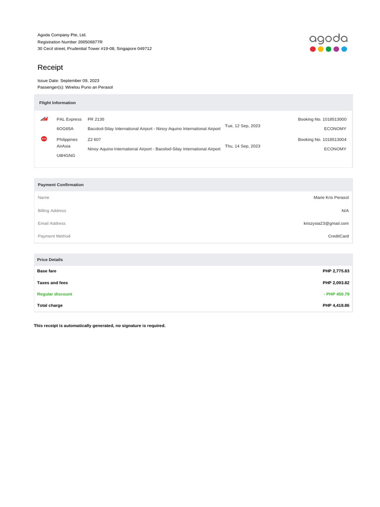 Agoda Flight Booking Receipt Summary | PDF