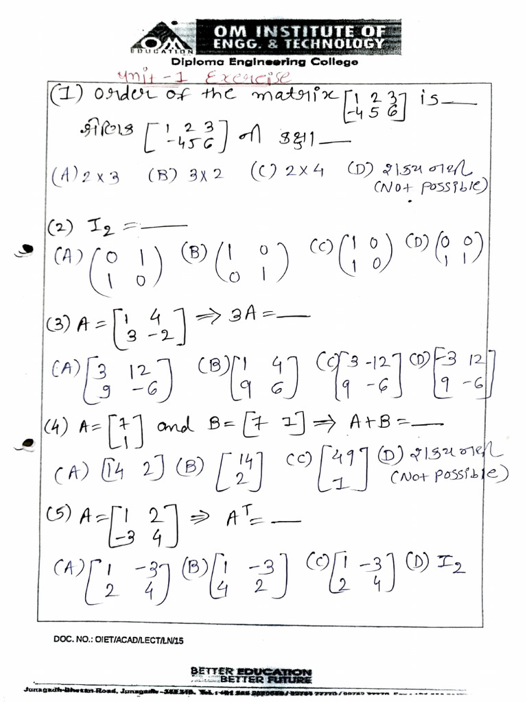 Determinant & Matrices MCQs | PDF