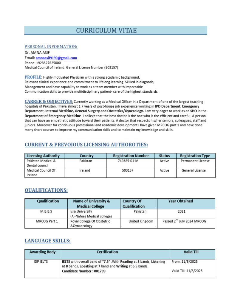 Amna Asif CV Emergency Medicine PDF | PDF | World Health Organization | Medicine