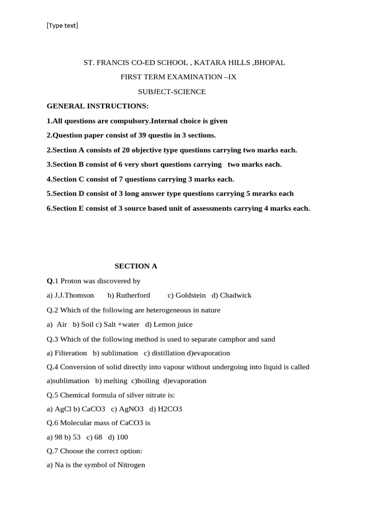 class 9 set B (1) | PDF | Atomic Nucleus | Atoms