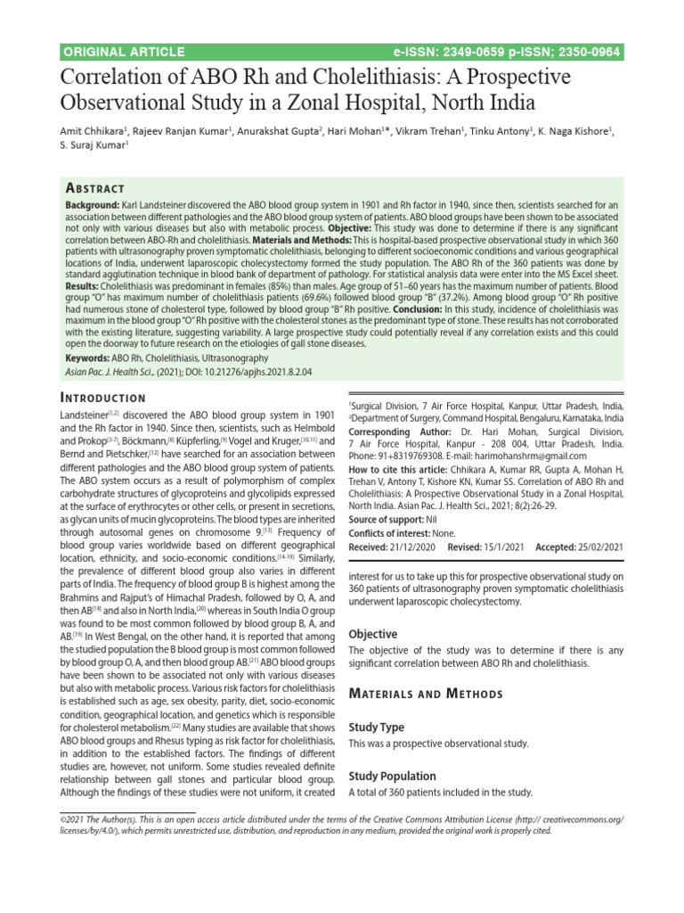 Correlation of ABO RH and Cholelithiasis A Prospec | PDF | Blood Type | Clinical Pathology