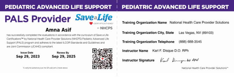 Pals Pediatric Advanced Life Support Certification Course Id Card | PDF