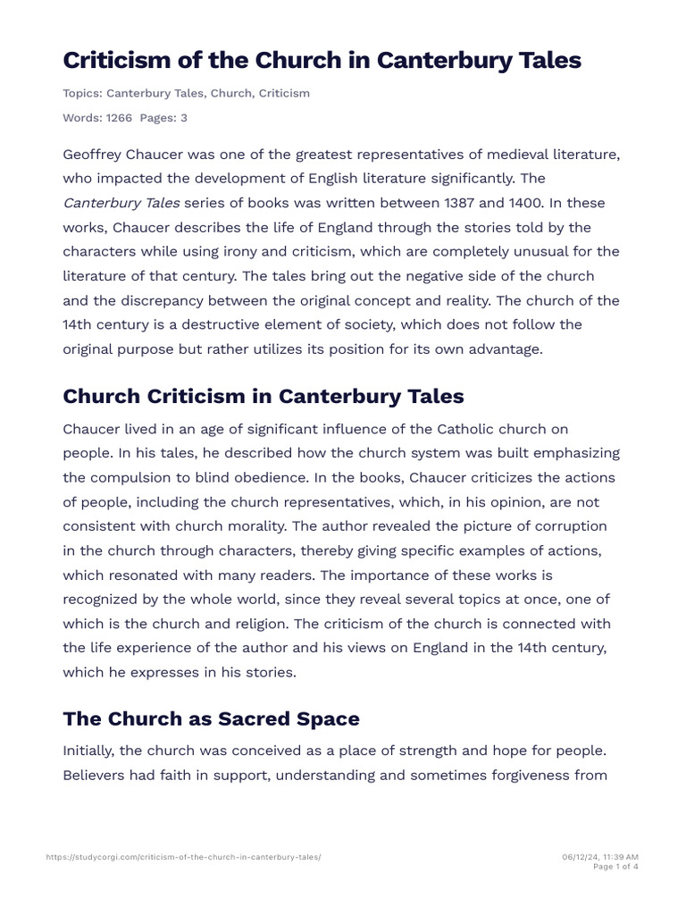 Church Criticism in Canterbury Tales | PDF | The Canterbury Tales | Faith