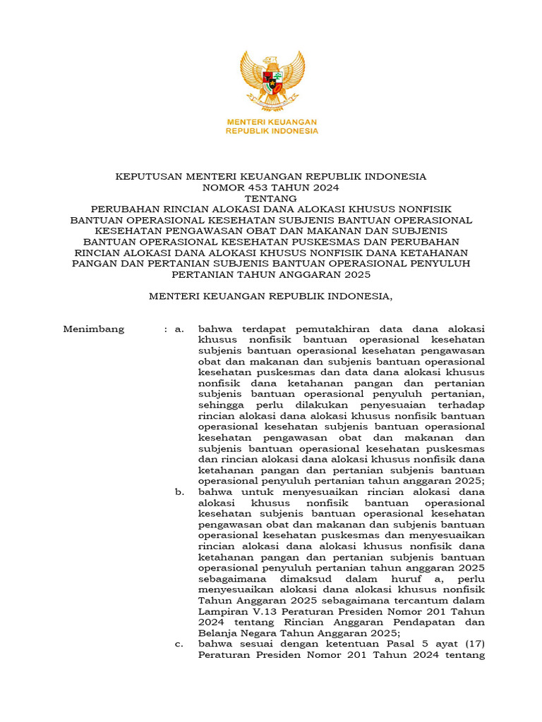 KMK 453 Tahun 2024 Perubahan Rincian DAK NF BOK POM BOK Puskemas Dan BOP Pertanian TA 2025 | PDF