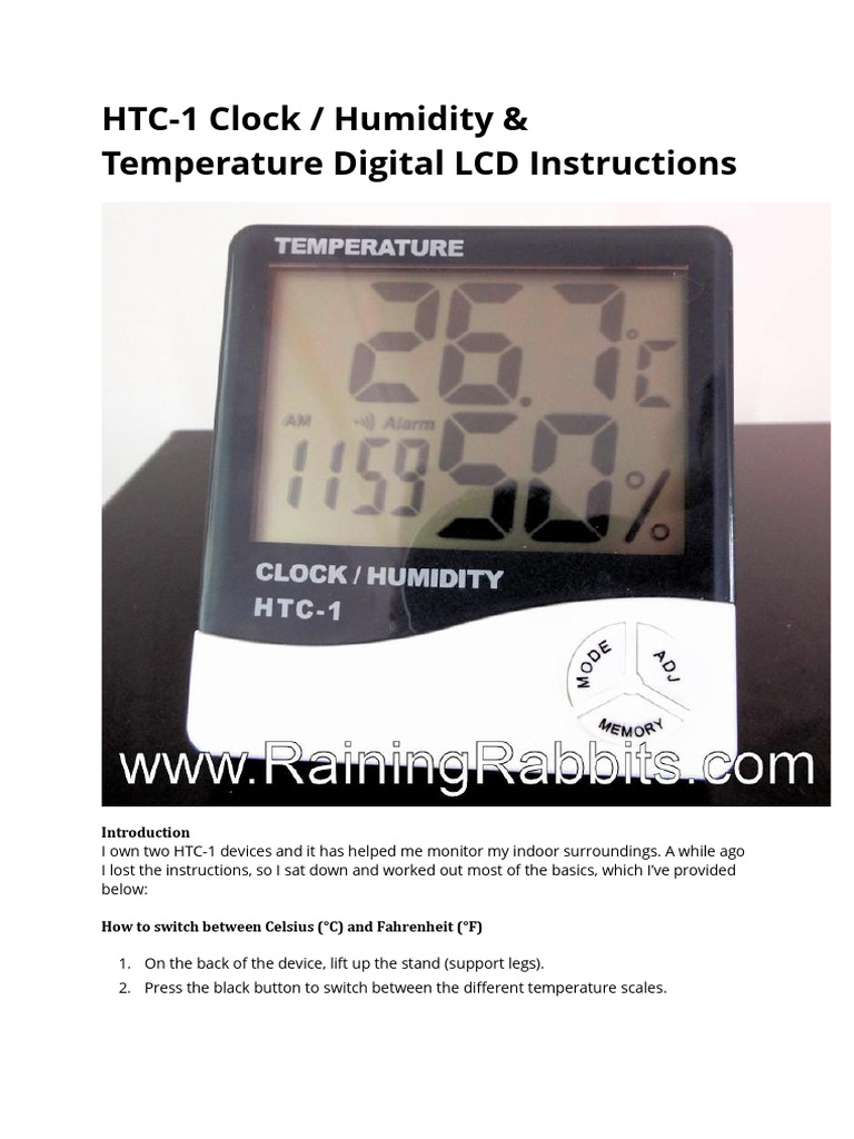 HTC-1 Clock-Humidity & Temperature Digital LCD Instructions | PDF