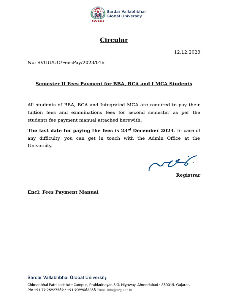 Circular Feespay 2nd Sem BBA-BCA-IMCA | PDF