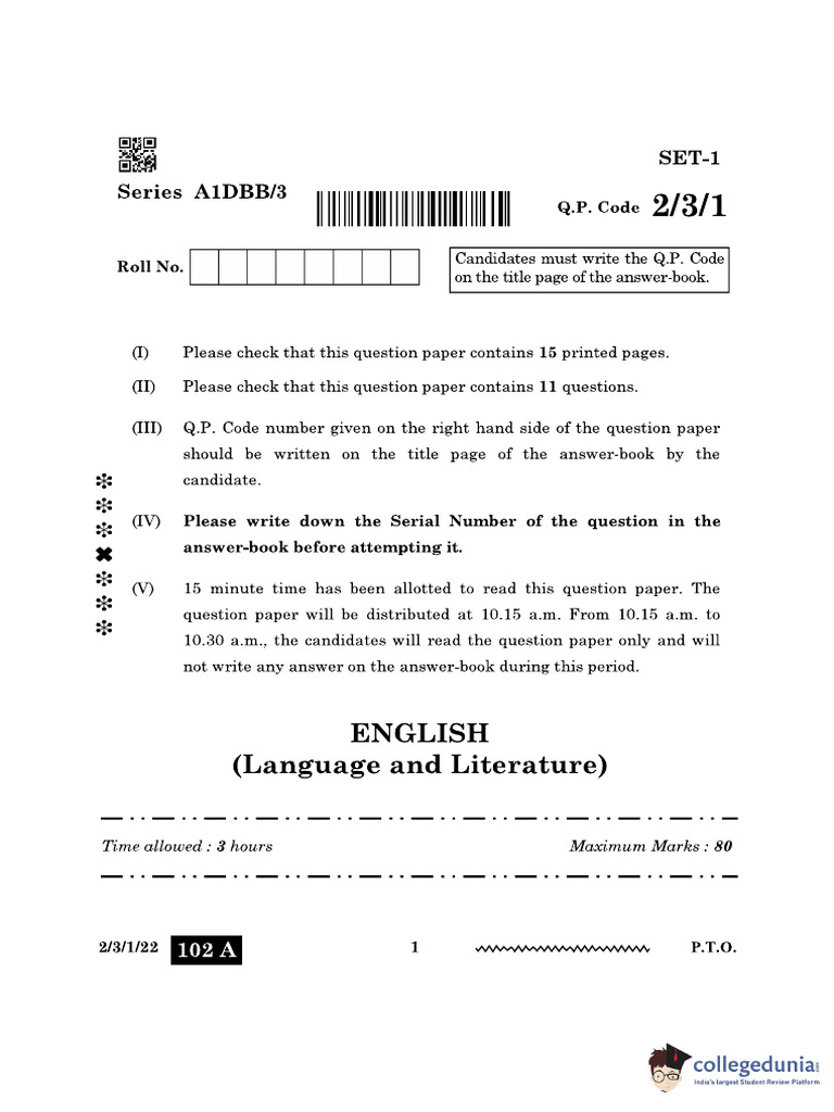 CBSE Class 10 English Question Paper 2024 Set 1 2 3 1 | PDF