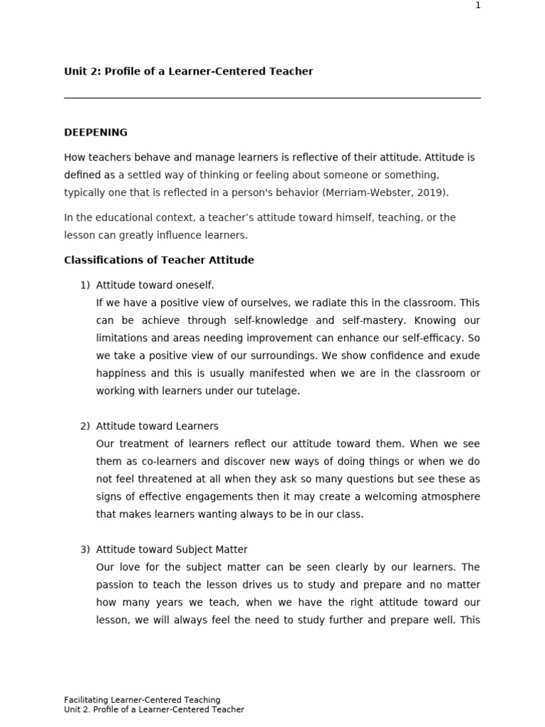 Unit 2. Profile of A Learner Centered Teacher | PDF | Teachers | Knowledge